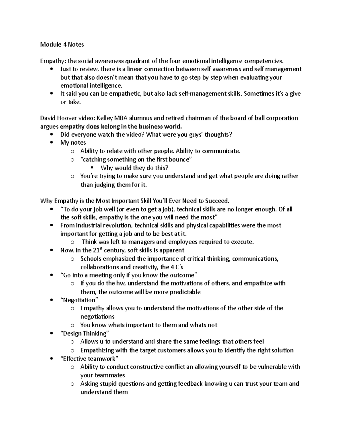 Module 4 Notes - Module 4 Notes Empathy: the social awareness quadrant ...
