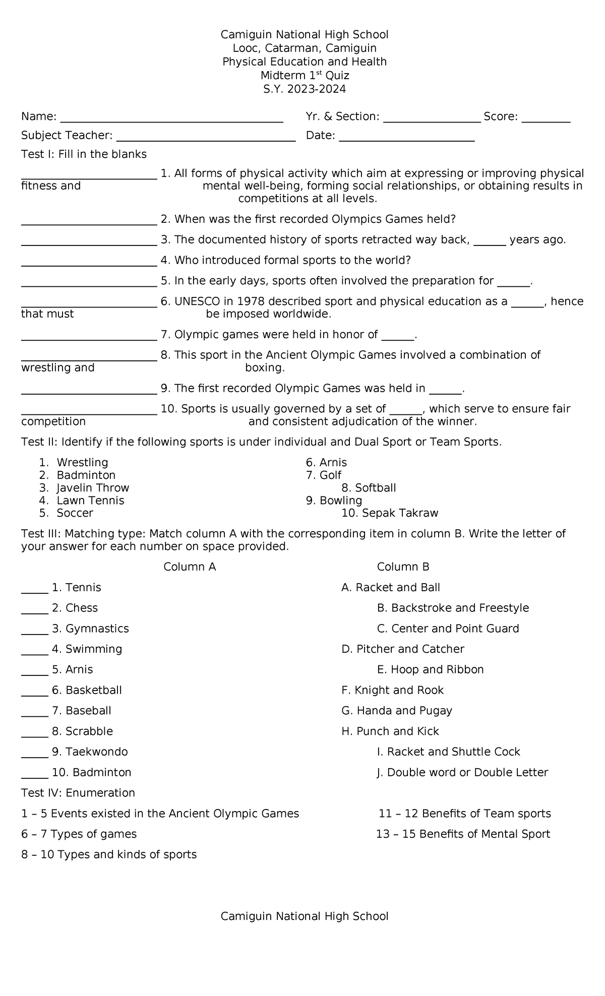 P.E 1st quiz - P.E long quiz - Camiguin National High School Looc ...