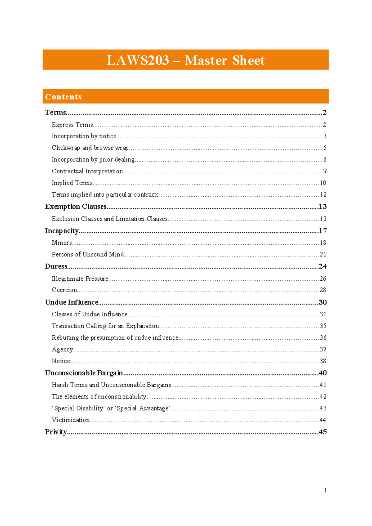 LAWS203 Contract Final Exam Master Sheet: Key Terms & Concepts - Studocu