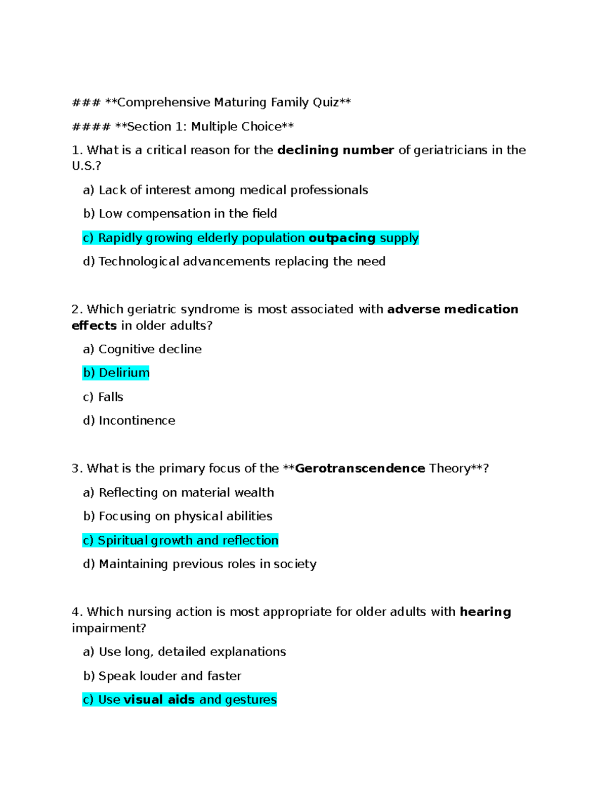 Comprehensive Maturing Family Quiz (NURS 301) - Practice Questions ...