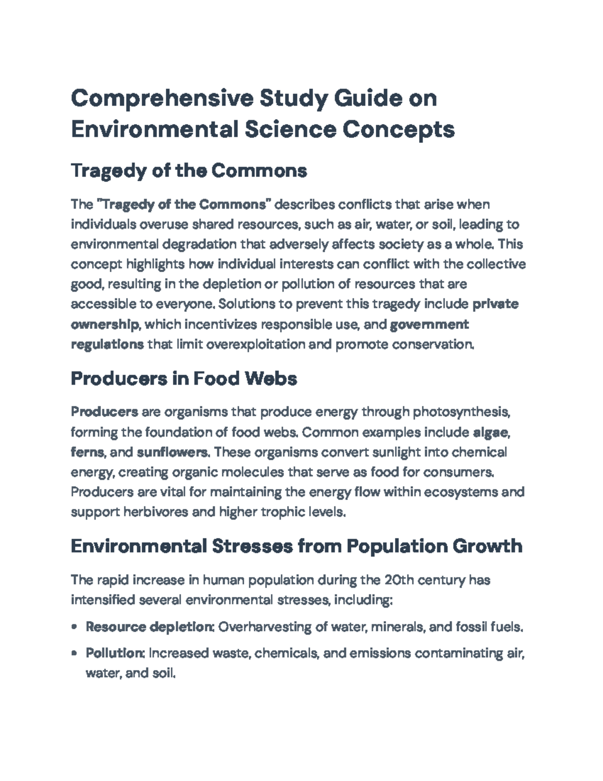 Comprehensive Study Guide on Environmental Science Concepts (ENV 101 ...