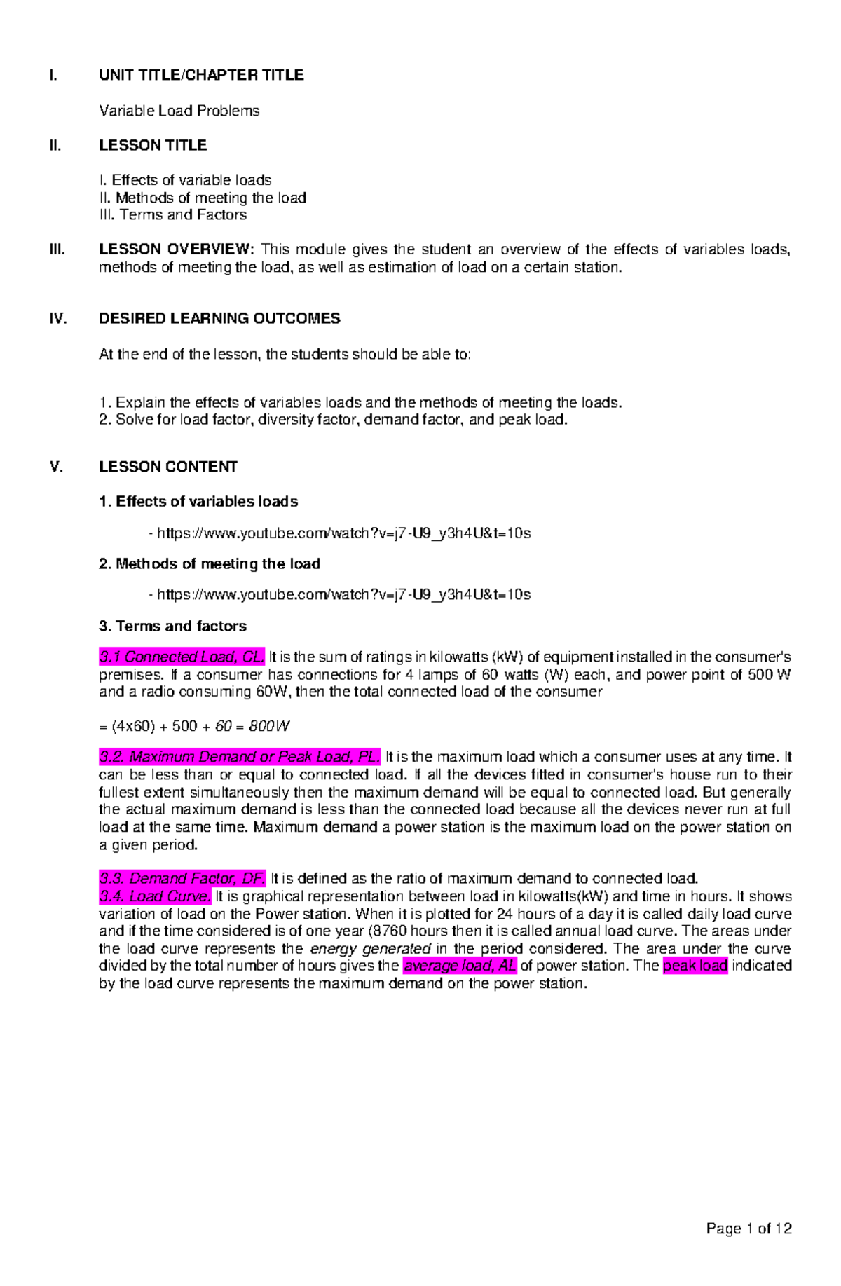 IM07. Variable Load Problems - I. UNIT TITLE/CHAPTER TITLE Variable ...
