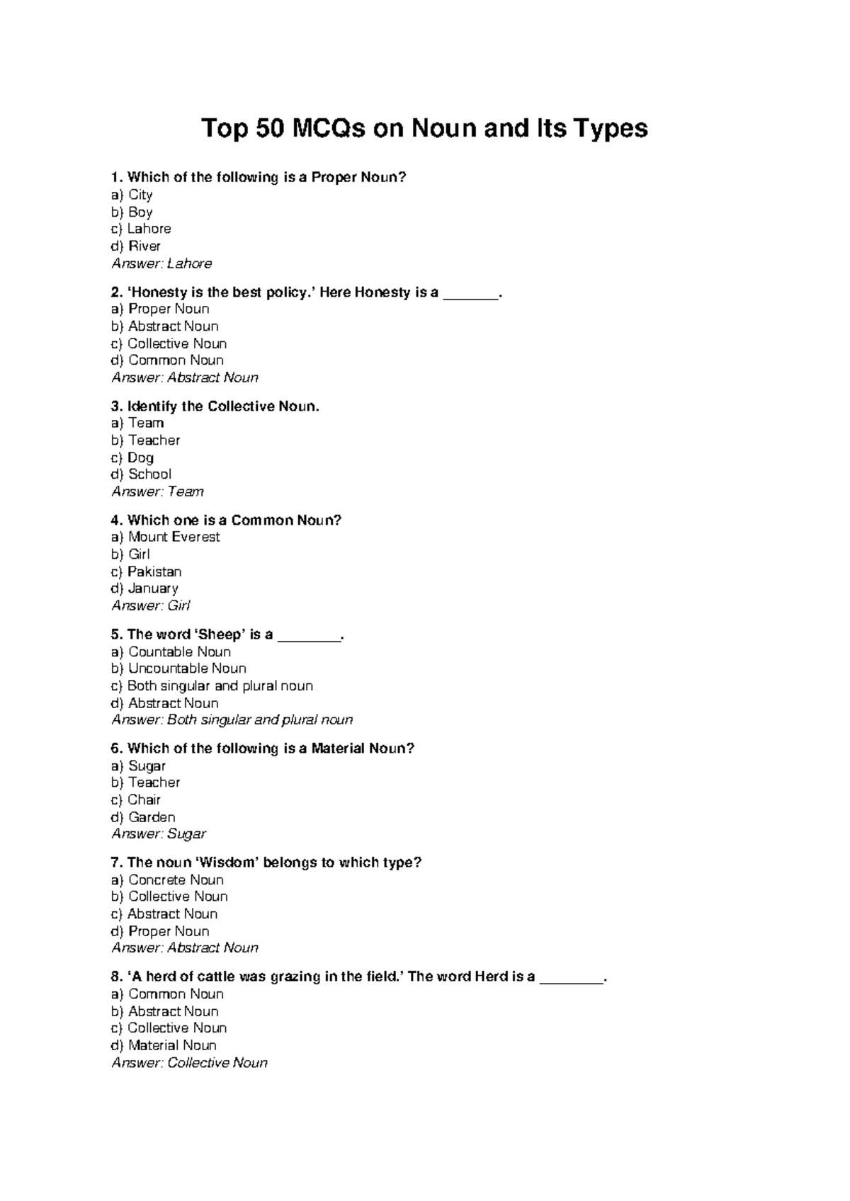 Top 50 MCQs on Noun and Its Types - Noun 101 - Studocu