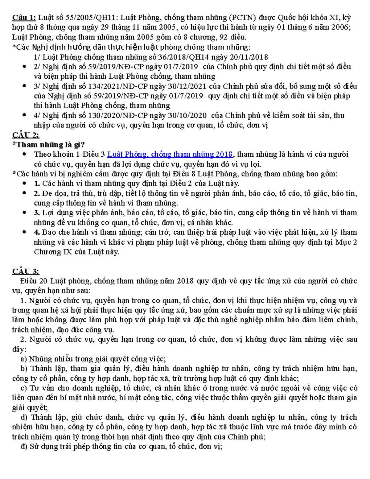 Phòng CHỐNG THAM NHŨNG - Tài liệu sinh hoạt công dân K49 - Câu 1: Luật ...