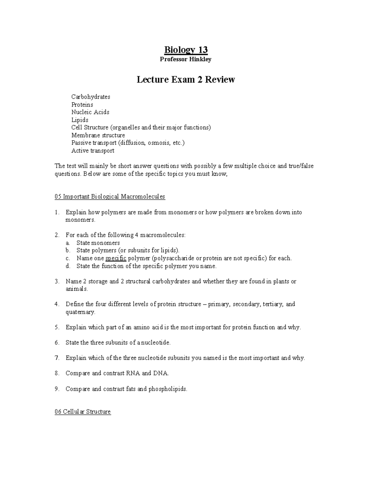 Biology 13 Final Exam Review: Macromolecules, Cell Structure & Membrane ...