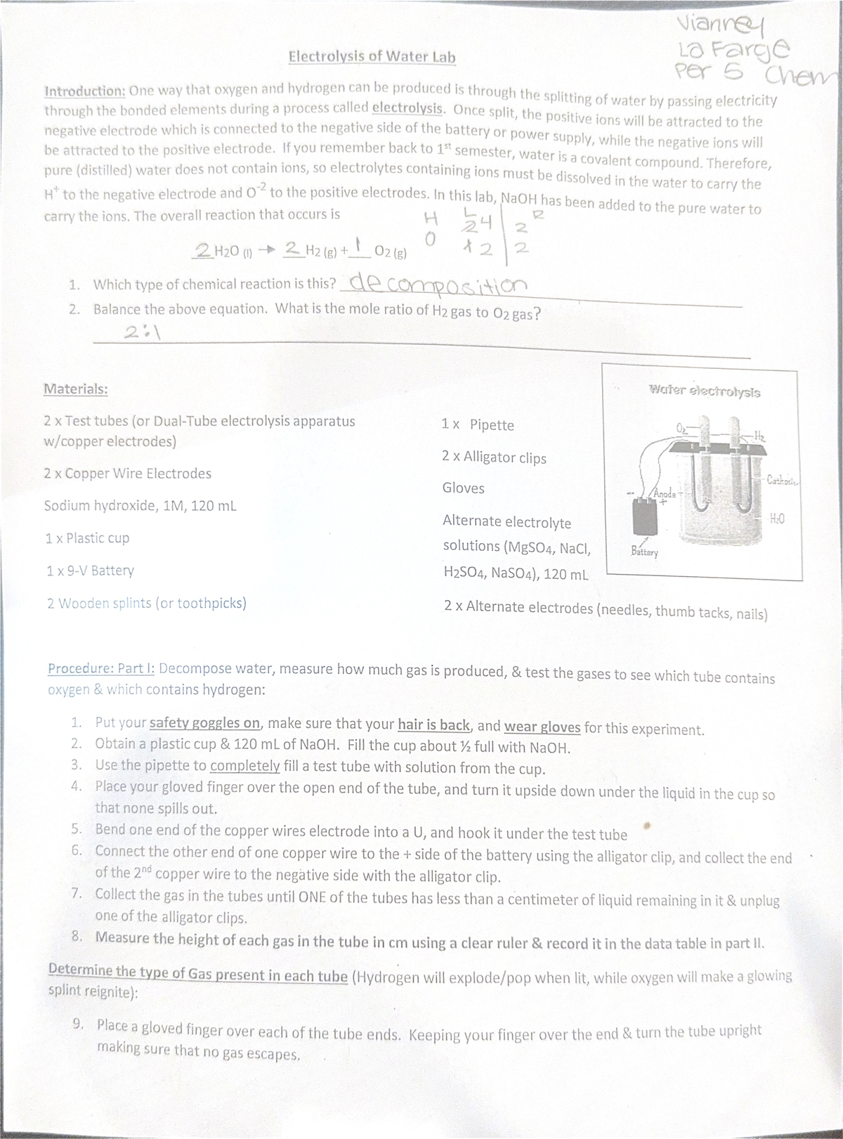 Electrolysis of Water Lab (Per 5 Chen) - Thurs Fri 7: Experimental ...