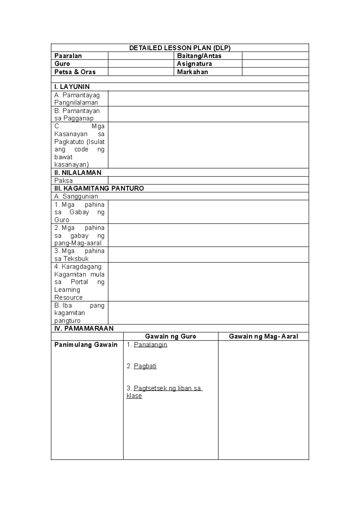 DLP Template: Detailed Lesson Plan for Markahan I - Studocu