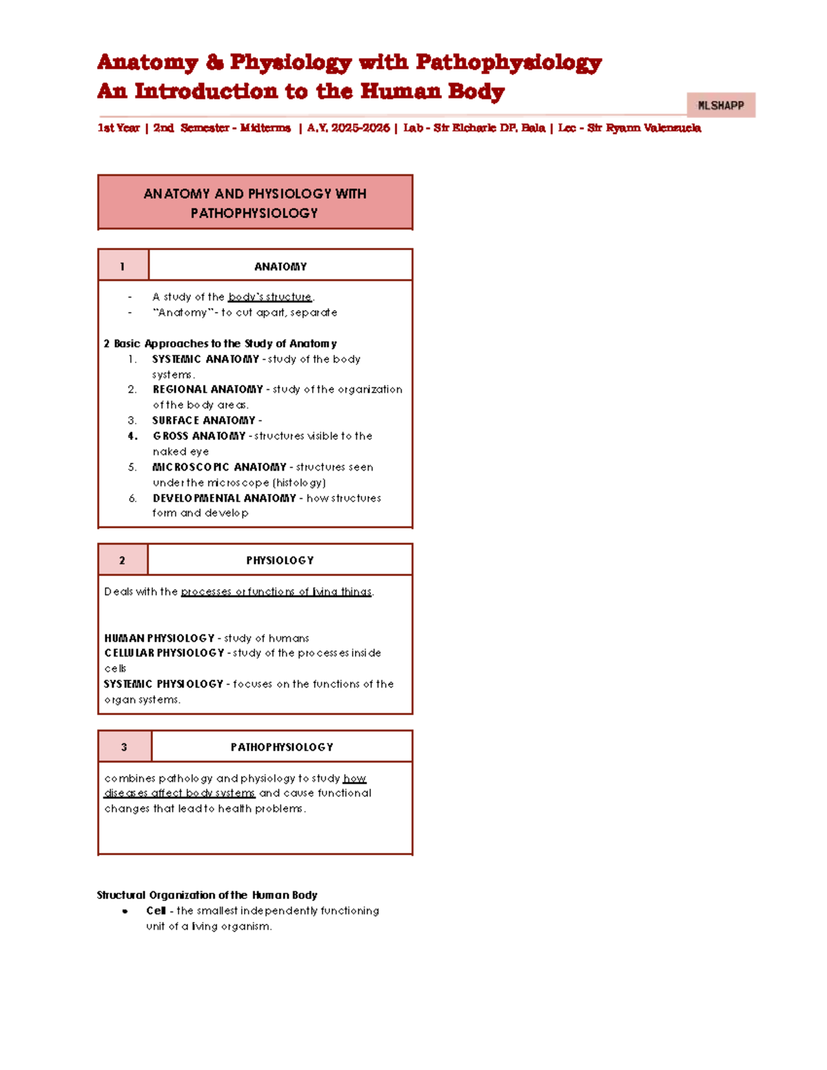 Anatomy & Physiology with Pathophysiology 2nd Sem Midterms A.Y. 2023 ...