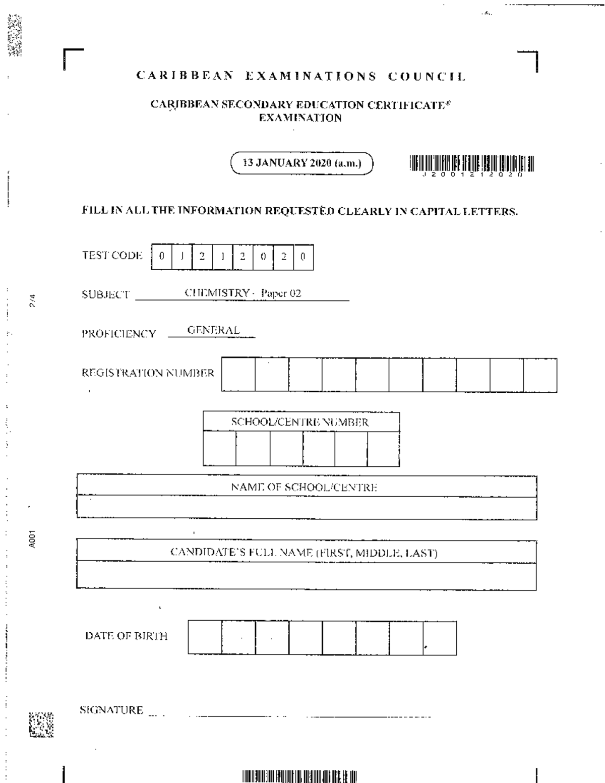 CSEC Chemistry Paper 02 January 2020 Exam Guide - Studocu