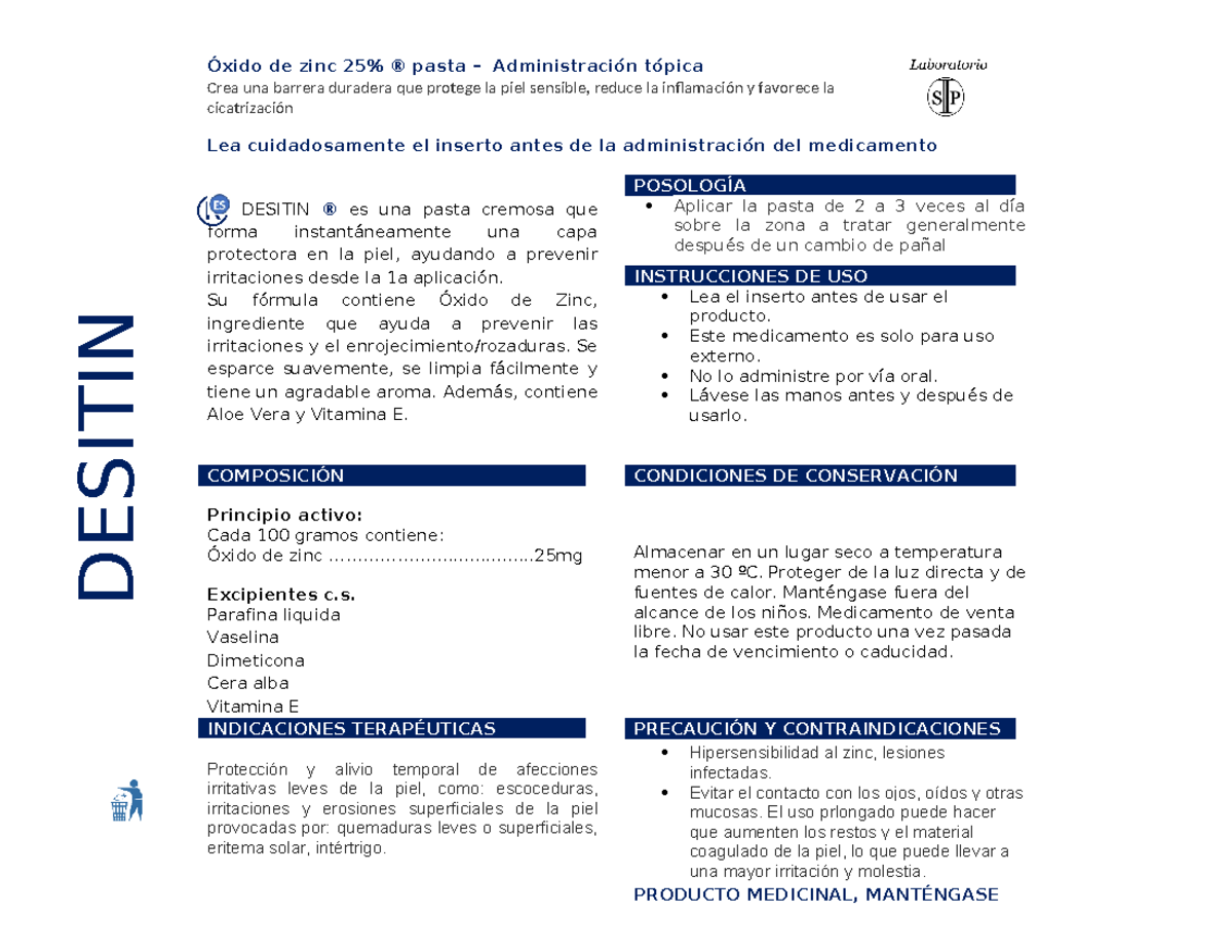 Pasta de Óxido de Zinc DESITIN - Inserto y Uso Tópico - Studocu