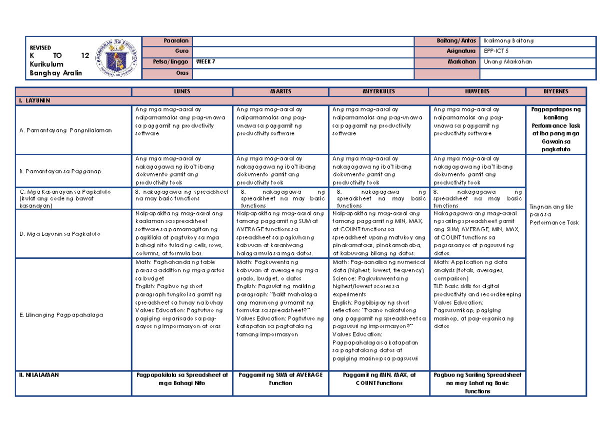 EPP ICT 5 DLL Q1 W7 - Paggamit ng Spreadsheet at Mga Function - Studocu