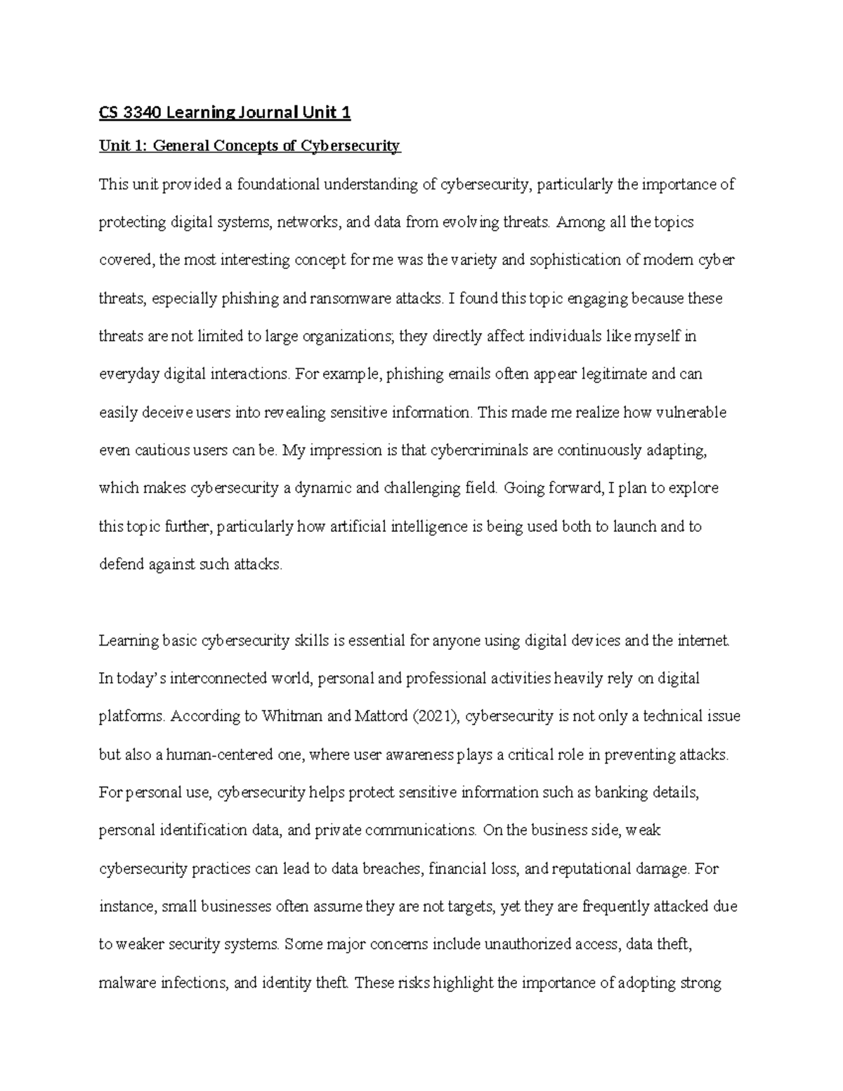 CS 3340 Learning Journal: Understanding Cybersecurity Concepts - Studocu