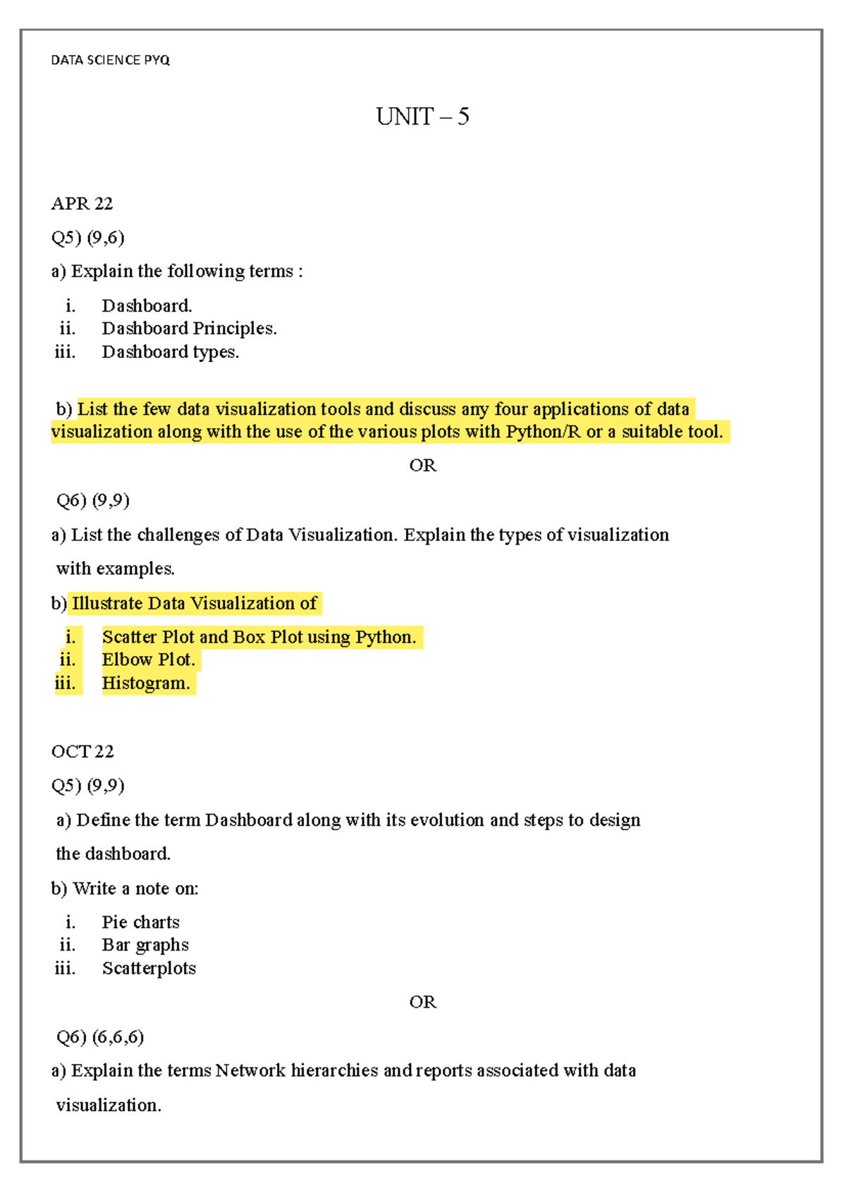 DATA SCIENCE PYQ UNIT 5 - Dashboard & Visualization Techniques - Studocu