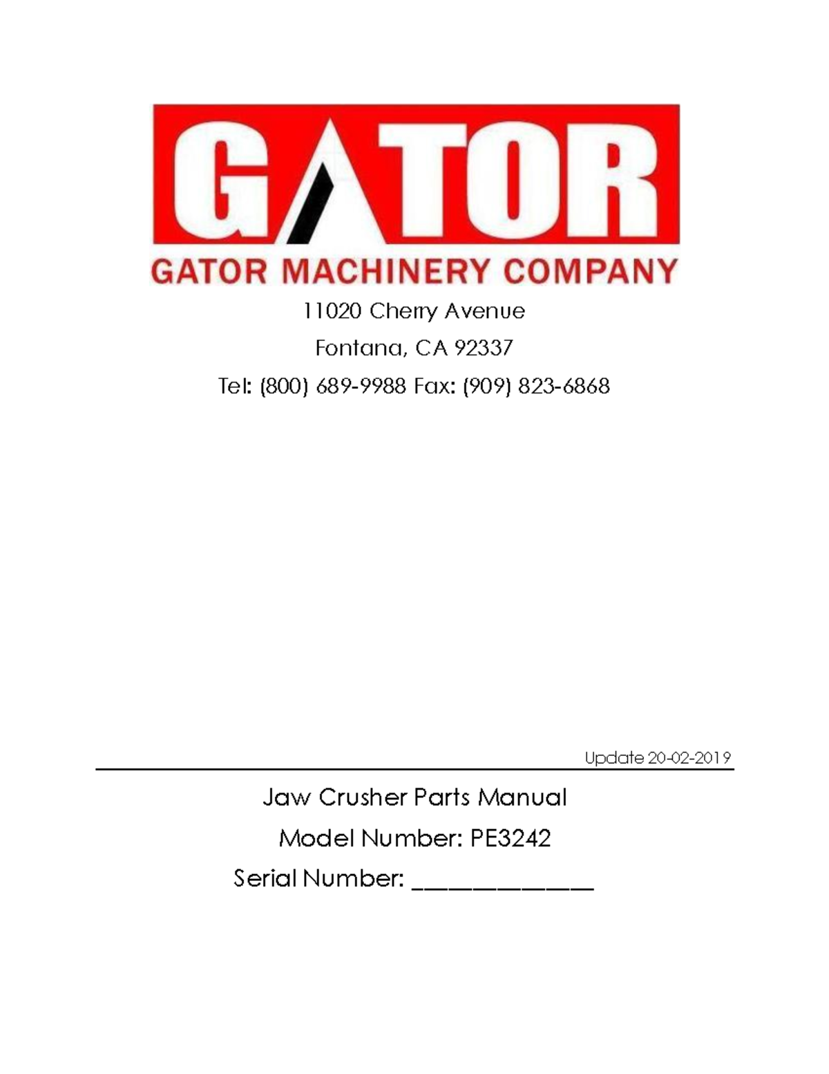 GATOR PE3242 Jaw Crusher Parts Manual and Safety Guidelines - Studocu