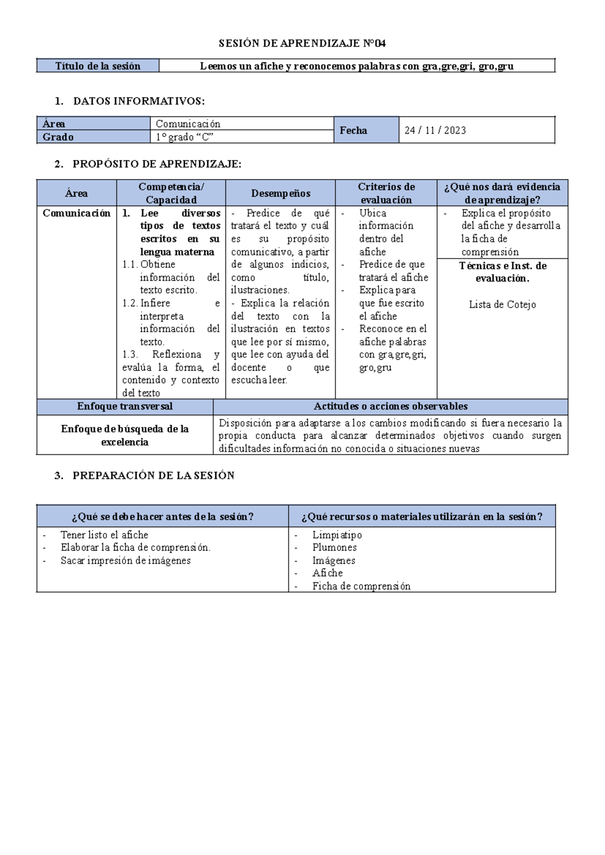 SESION DE APRENDIZAJE: Reconocimiento de Palabras con gra, gre, gri ...