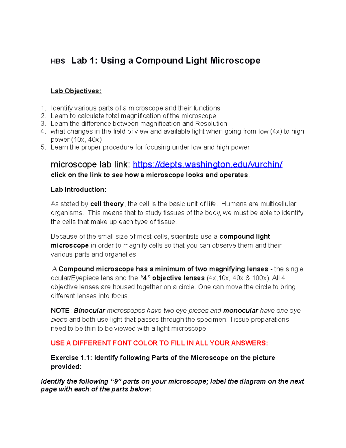 Lab 1 - Compound Miscroscope - HBS Lab 1: Using a Compound Light ...