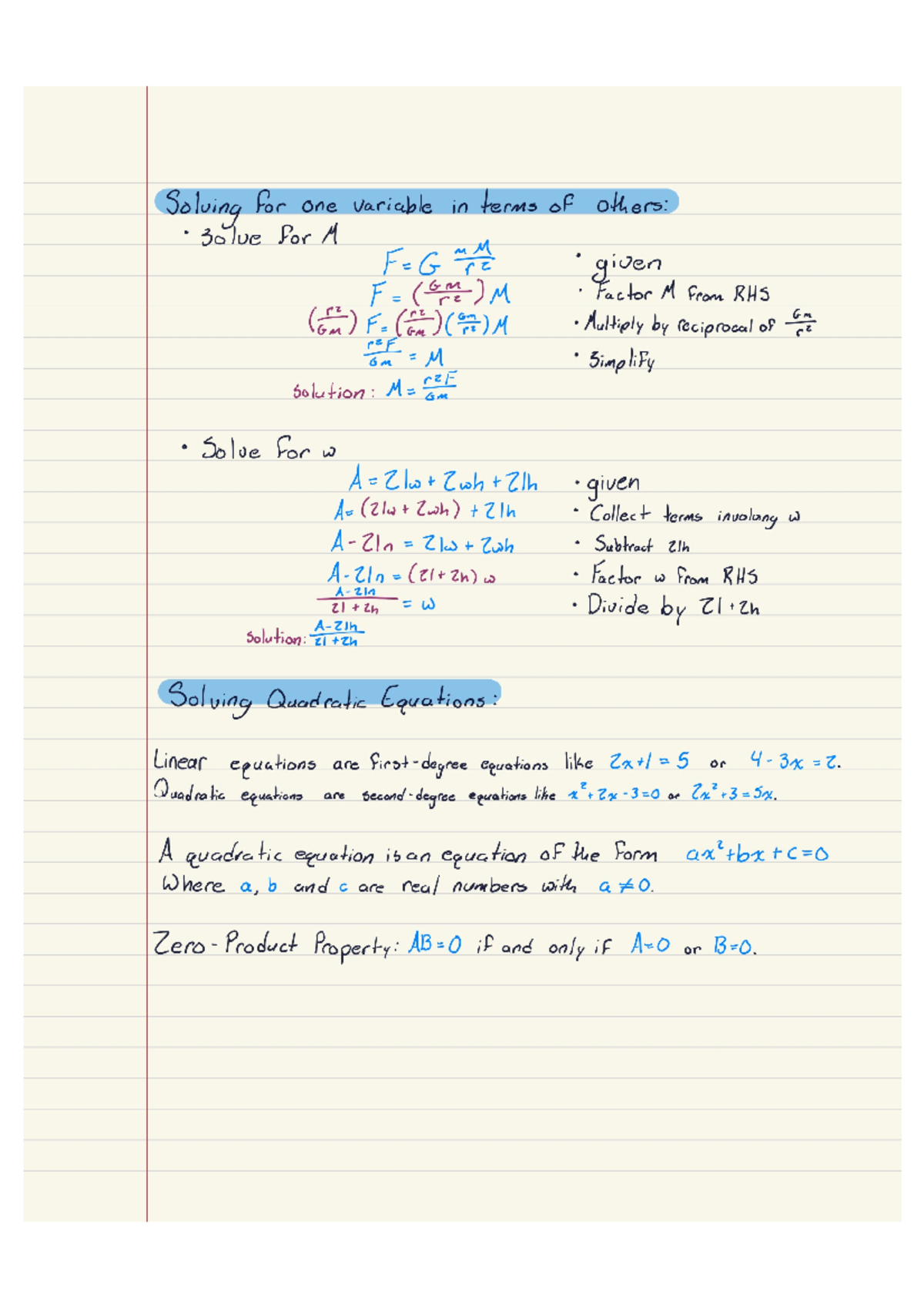 MATH 101: Solving for Variables & Quadratic Equations (Sec 1.5) - Studocu