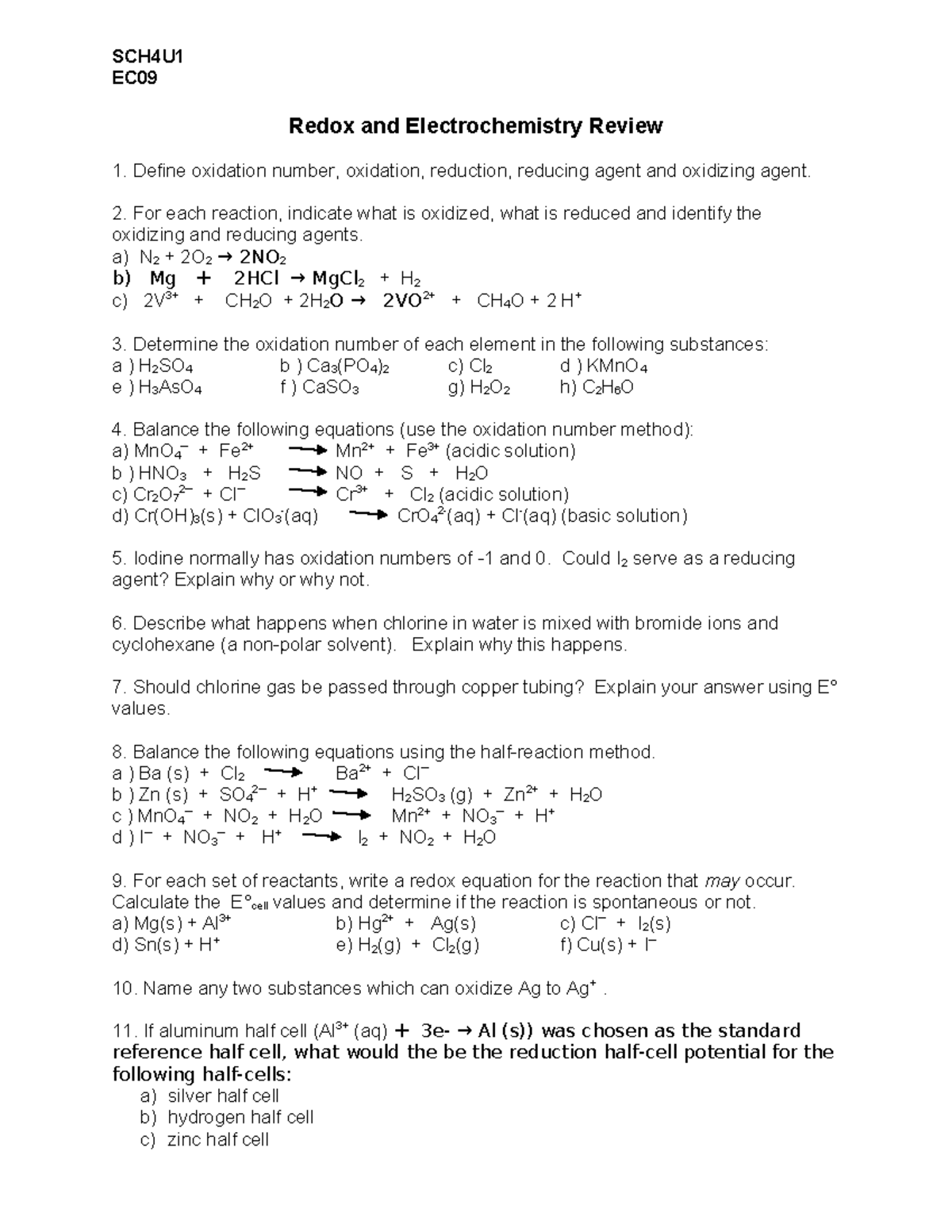 SCH4U1 Unit 5 Redox & Electrochemistry Review Notes - Studocu