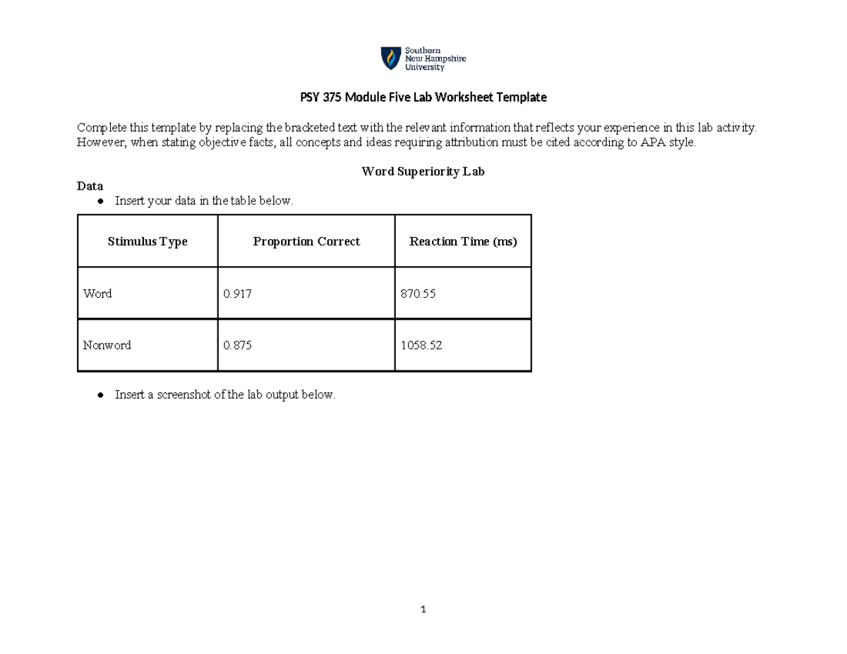 PSY 375 Module Five Lab Worksheet: Word Superiority & Processing ...