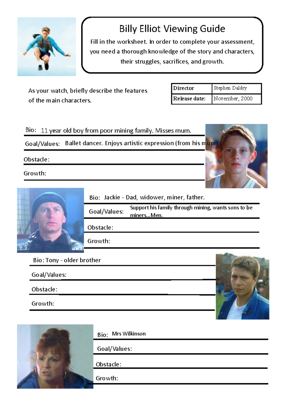Billy Elliot Viewing Guide: Character Analysis and Themes - Studocu