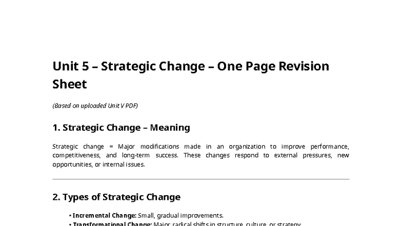 Unit5 Revision Sheet - notes - Unit 5 – Strategic Change – One Page ...