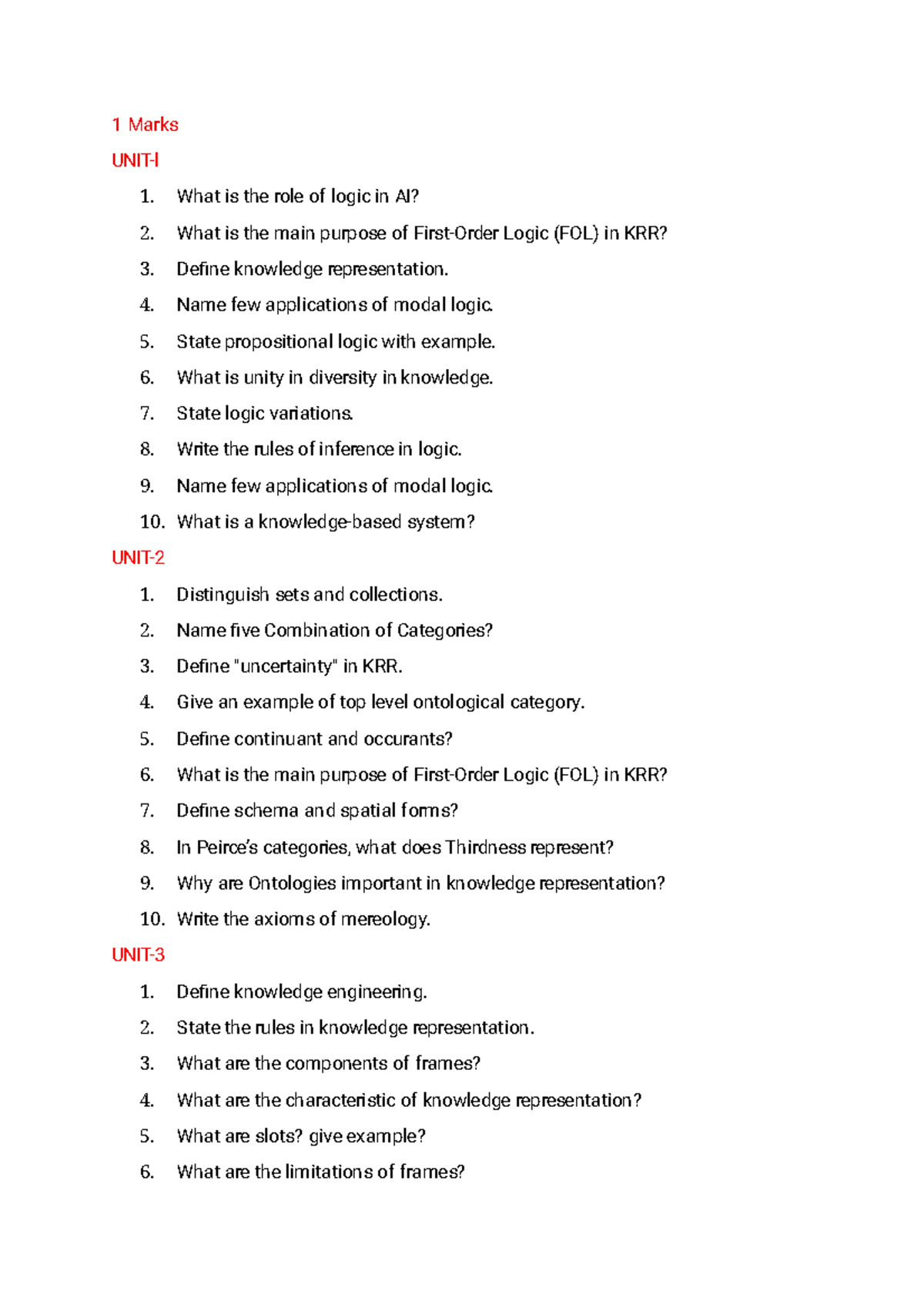 KRR Midterm 1: Key Questions and Concepts - Studocu