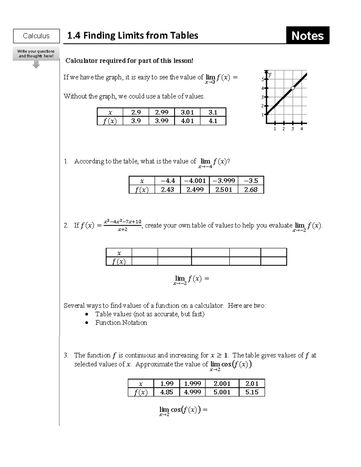 Calc 1 - Unit 1 practice - Calculator required for part of this lesson ...