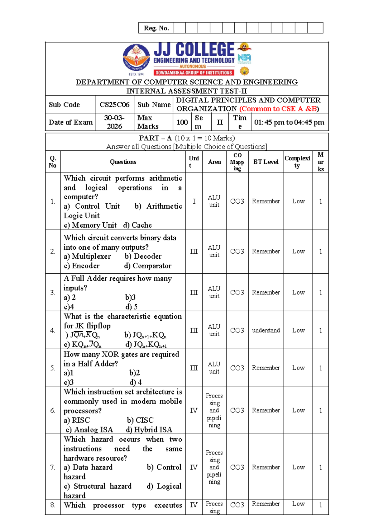 AT-II I-CSE CS25C06 Internal Assessment on Digital Principles ...