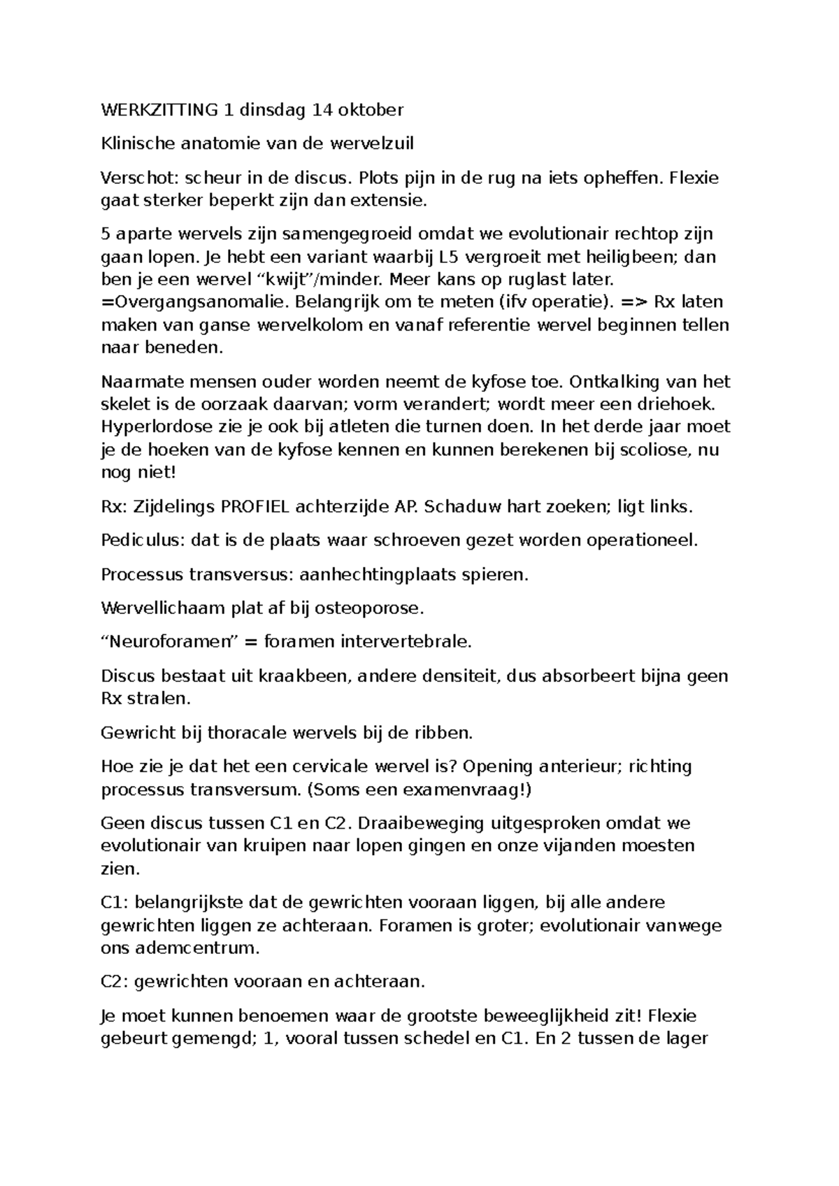 WERKZITTING 1: Klinische Anatomie van de Wervelzuil - 14 oktober - Studocu