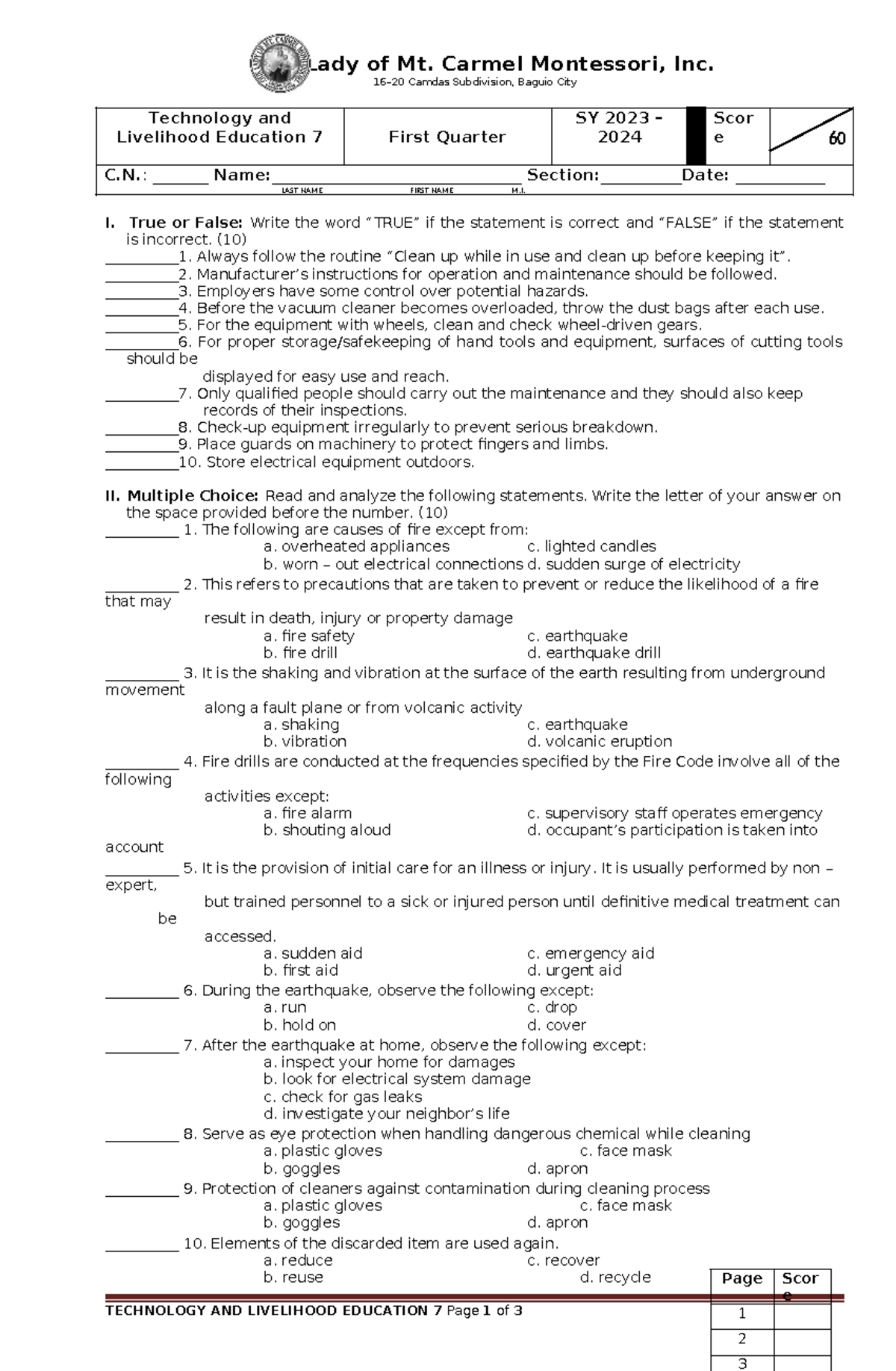 TLE 7 First Quarter Exam: True/False, MCQs, and Identification - Studocu