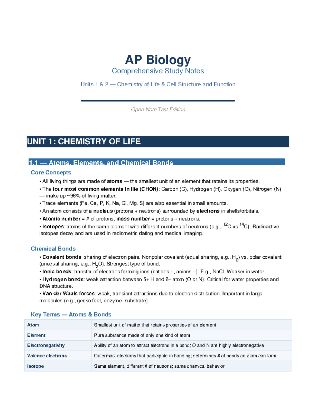 AP Biology Study Guide: Units 1 & 2 - Chemistry of Life & Cell ...
