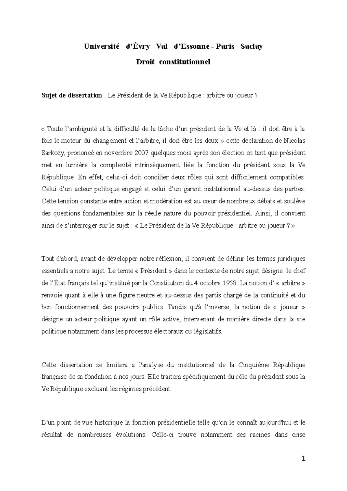 Droit Constitutionnel - Dissertation : Le Président de la Ve République ...