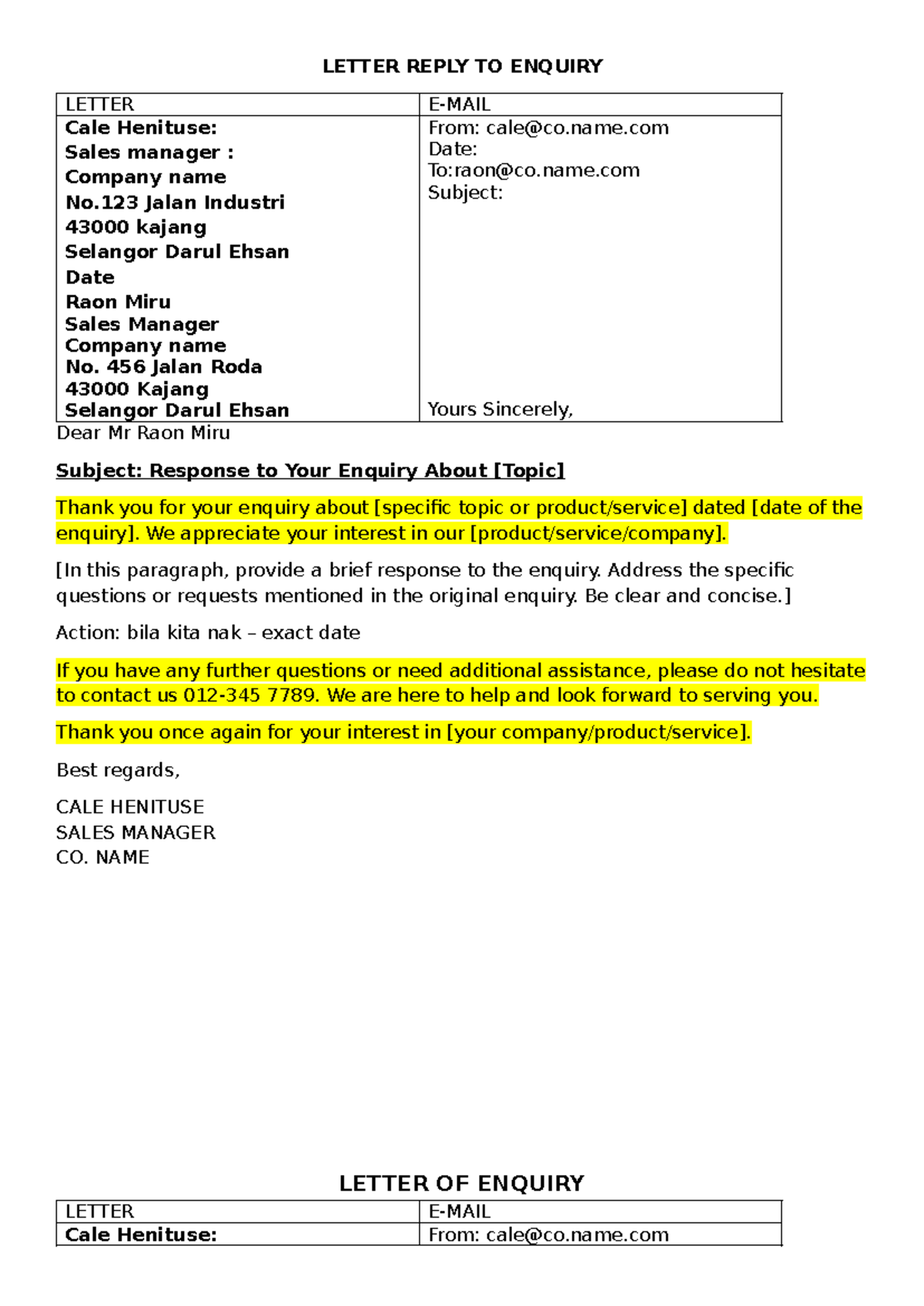 Letter Reply to Enquiry and Procurement Request Guide - Studocu