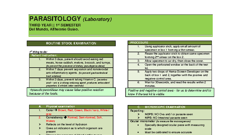 PARASITOLOGY LAB (3rd Year 1st Sem) Routine Stool Examination Guide ...