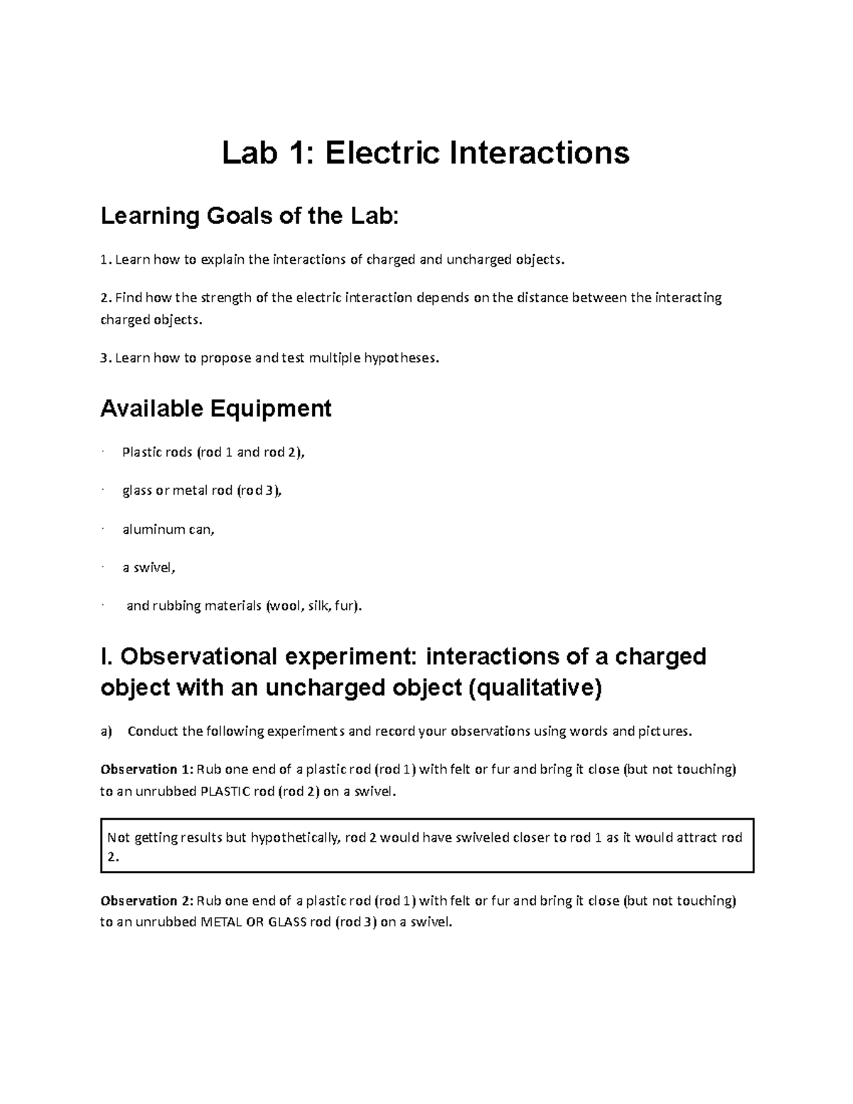 Lab 1: Electric Interactions - Observations and Hypotheses - Studocu