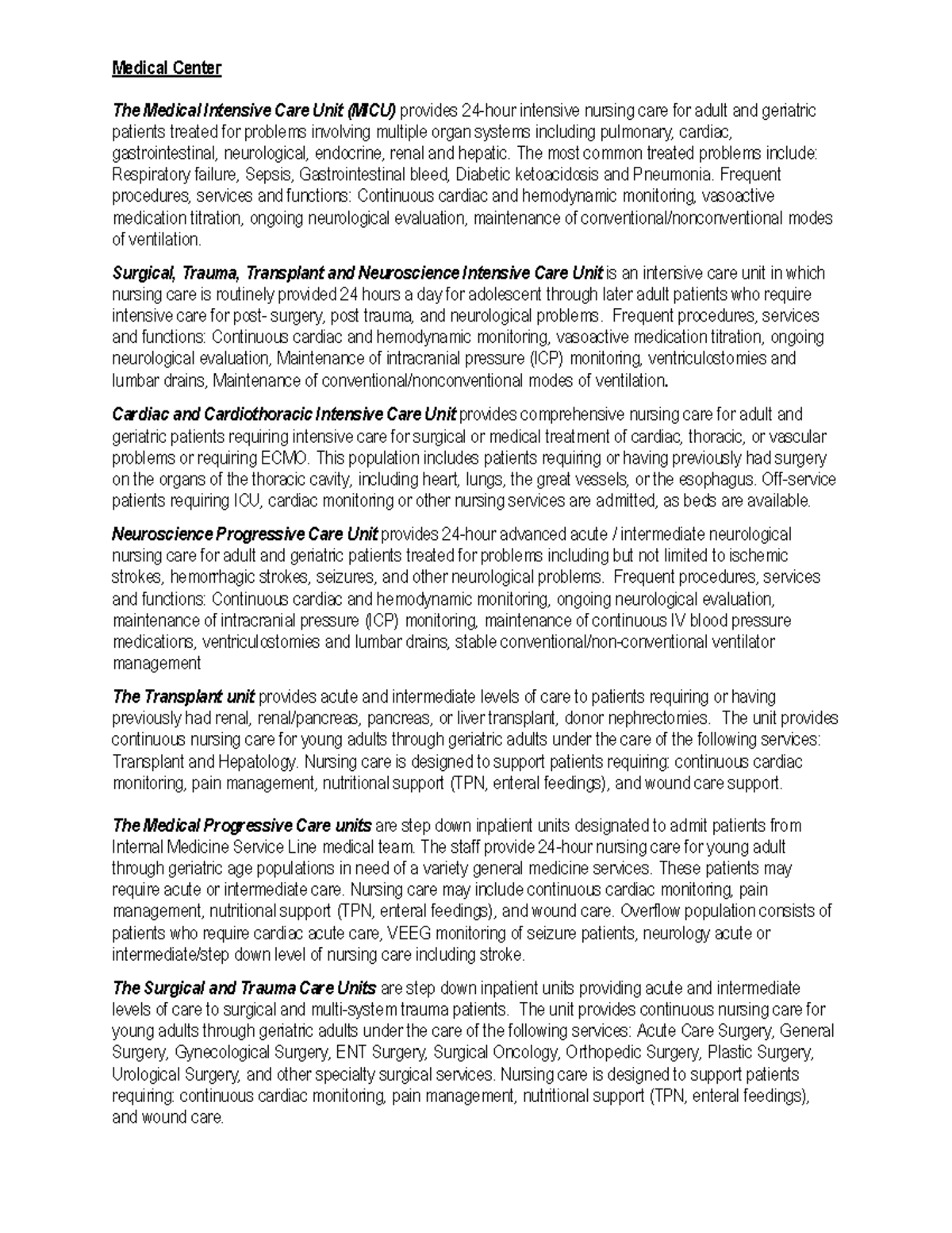 Loma Linda Medical Center ICU and Care Unit Descriptions - Studocu
