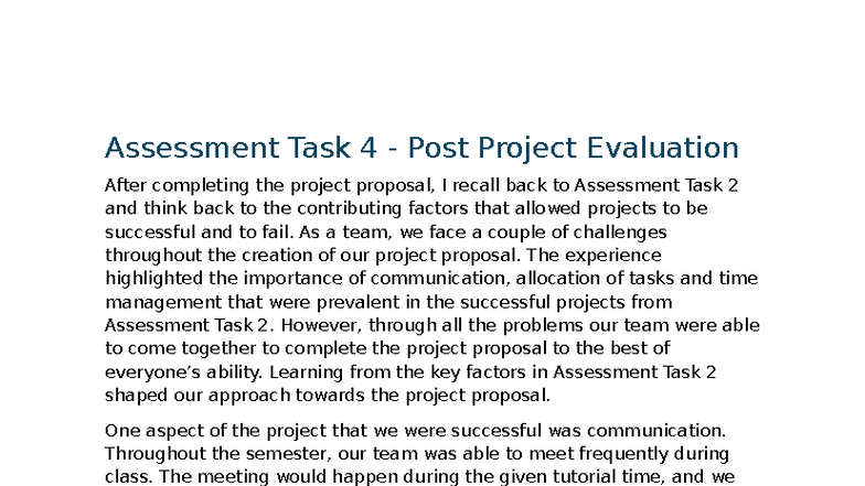 Assessment Task 4: Post Project Evaluation and Insights - Studocu