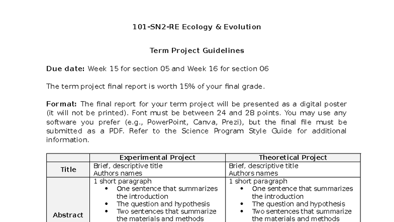 Ecology Evolution Term Project Guidelines and Grading Rubric - Studocu