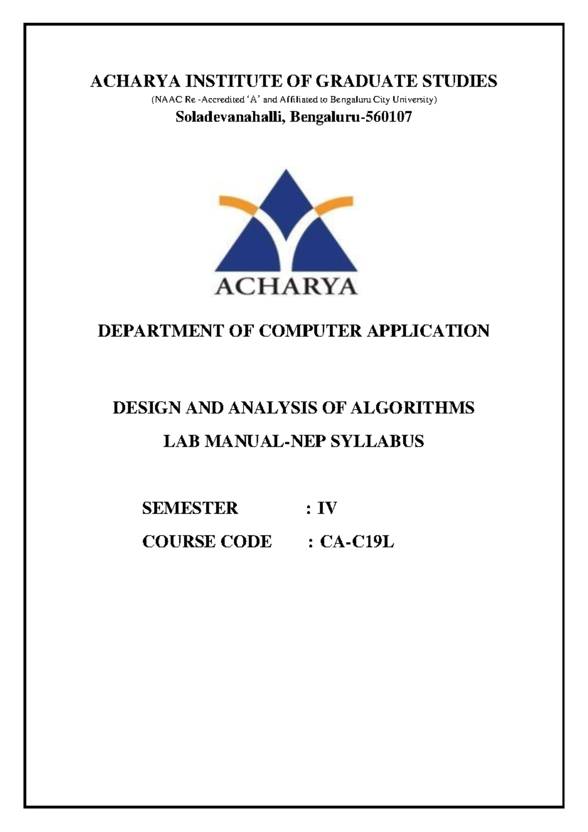 DAA-C19L Lab Manual: Algorithm Implementation & Performance Analysis - Studocu