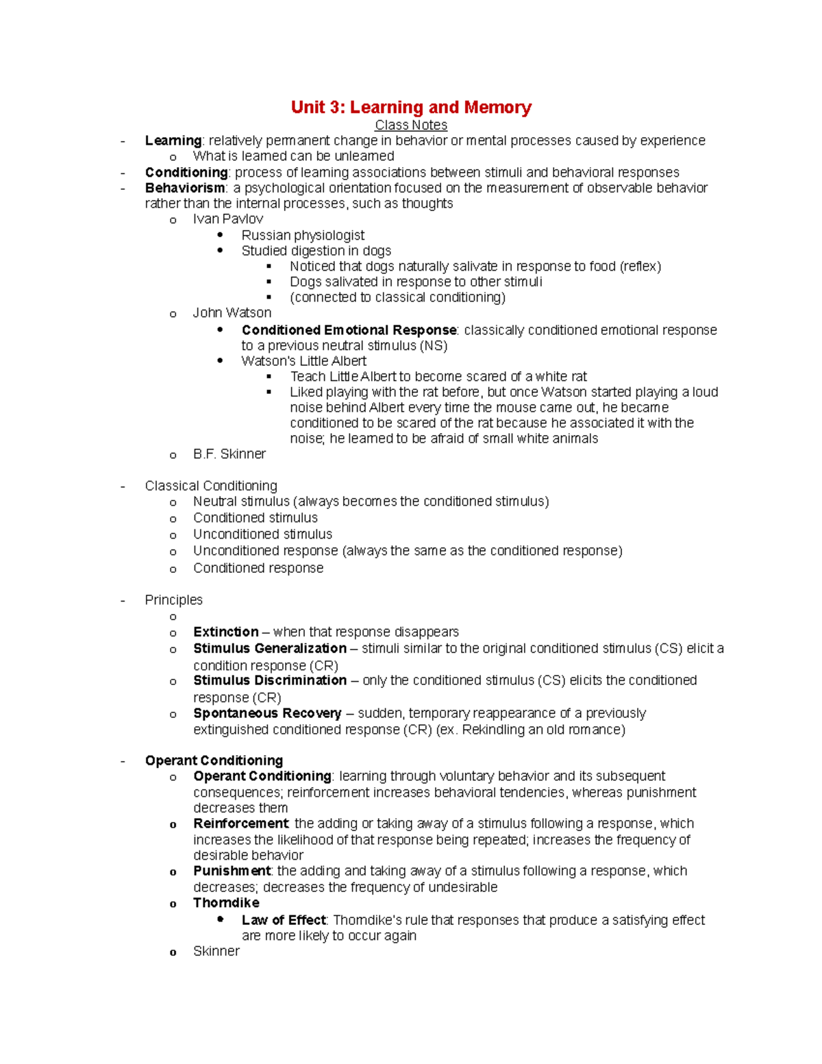 Unit 3: Learning and Memory Overview in Psychology Notes - Studocu