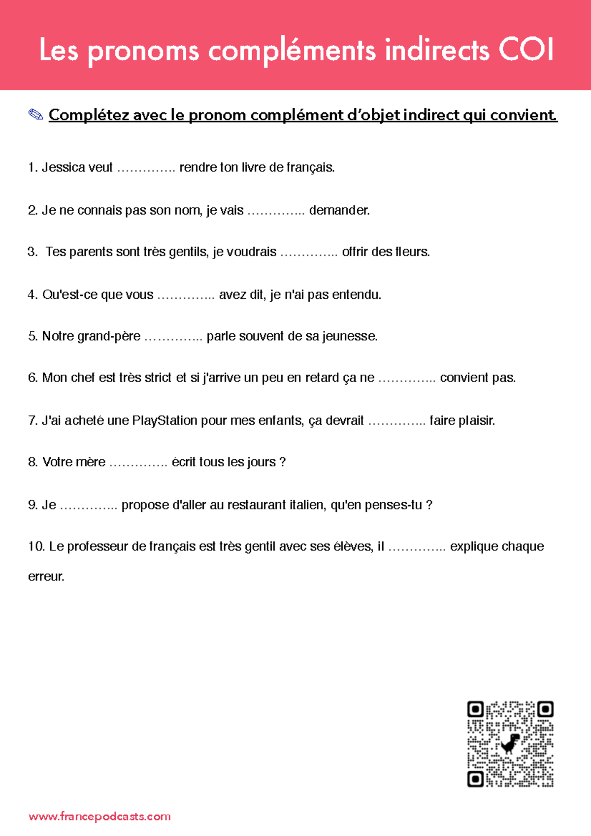 Les pronoms compléments indirects COI - Exercice 1 - Studocu