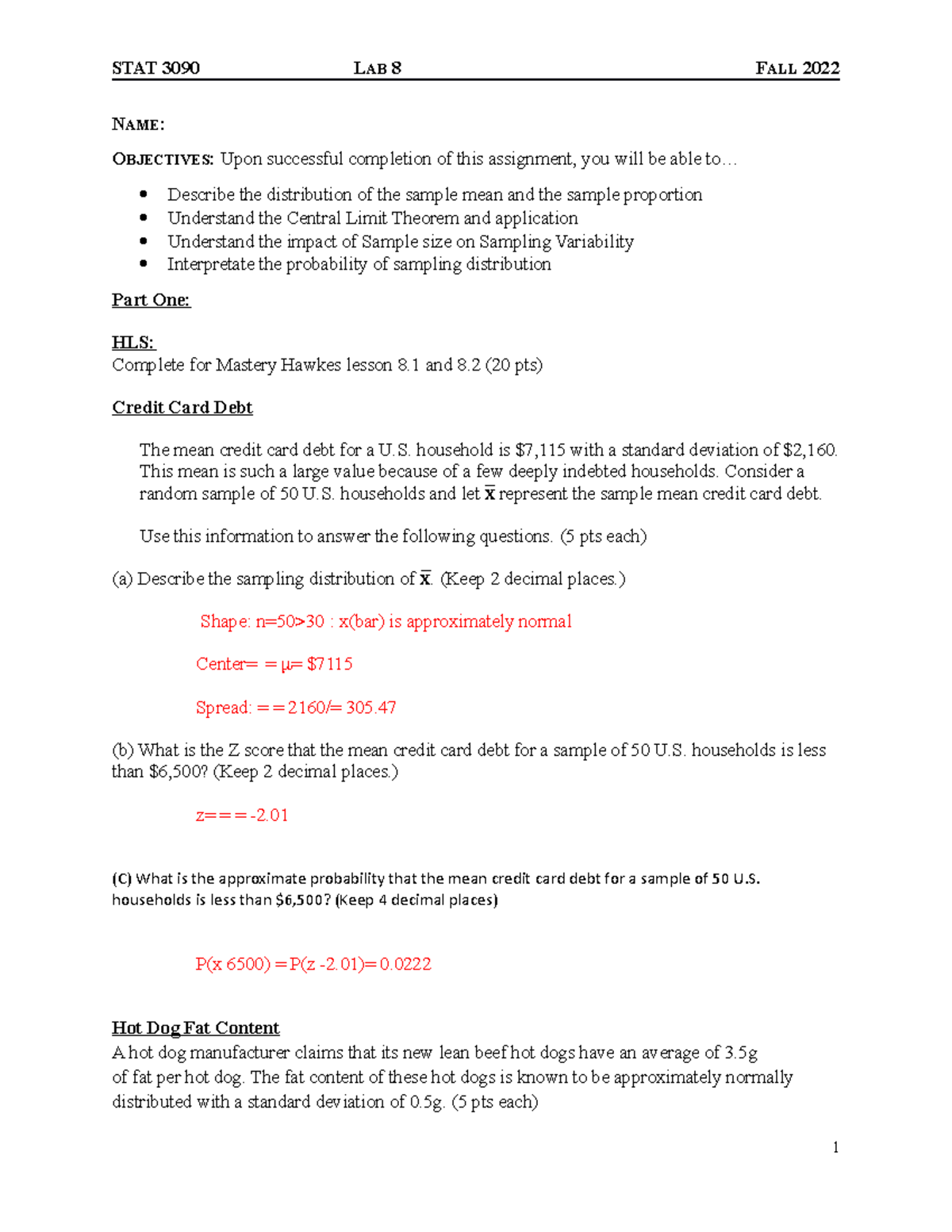 STAT 3090-Lab 8 - NAME: OBJECTIVES: Upon successful completion of this ...