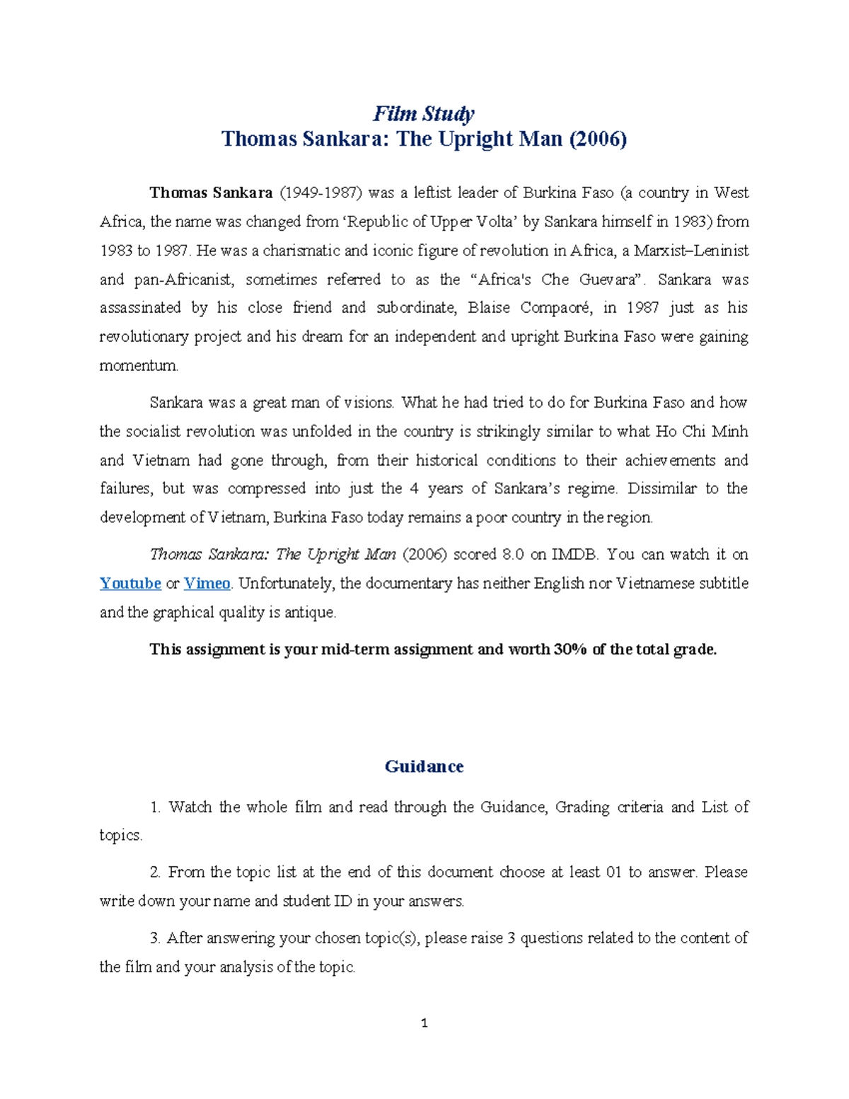 Film Study: Thomas Sankara - The Upright Man (2006) Analysis Guide ...