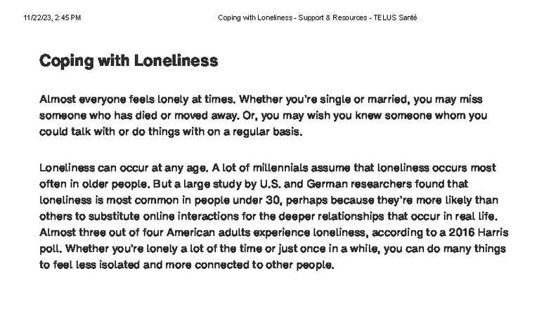 Coping with Loneliness: Support Resources from TELUS Santé - Studocu