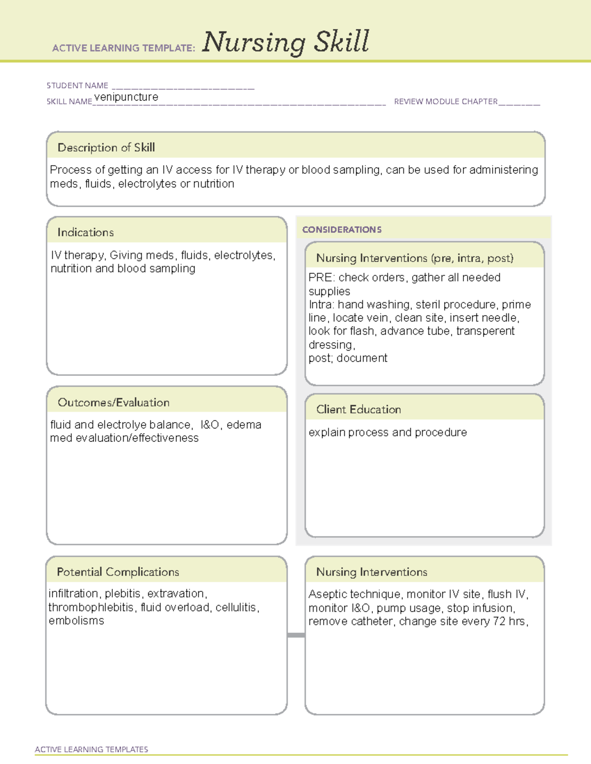 Nursing Skill Template (12): Venipuncture Procedure Review - Studocu