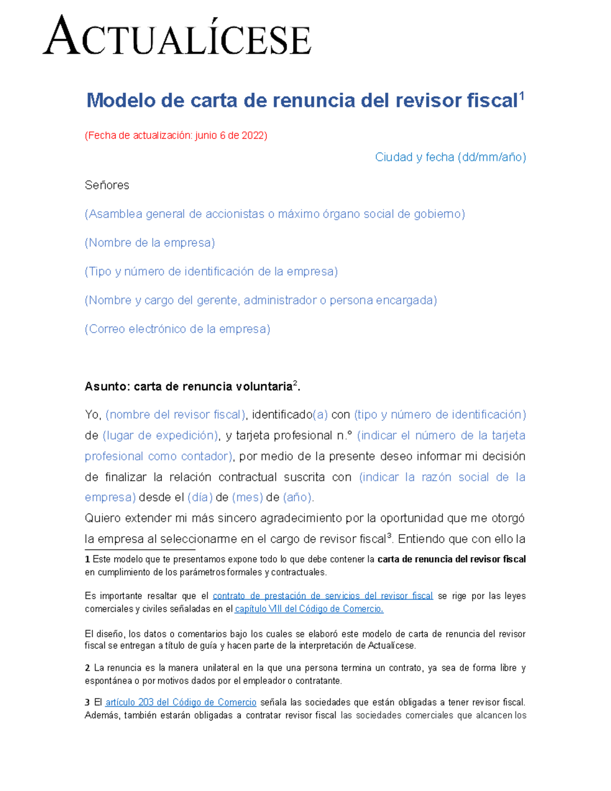 VA22 Modelo de Carta de Renuncia del Revisor Fiscal - Guía Práctica ...