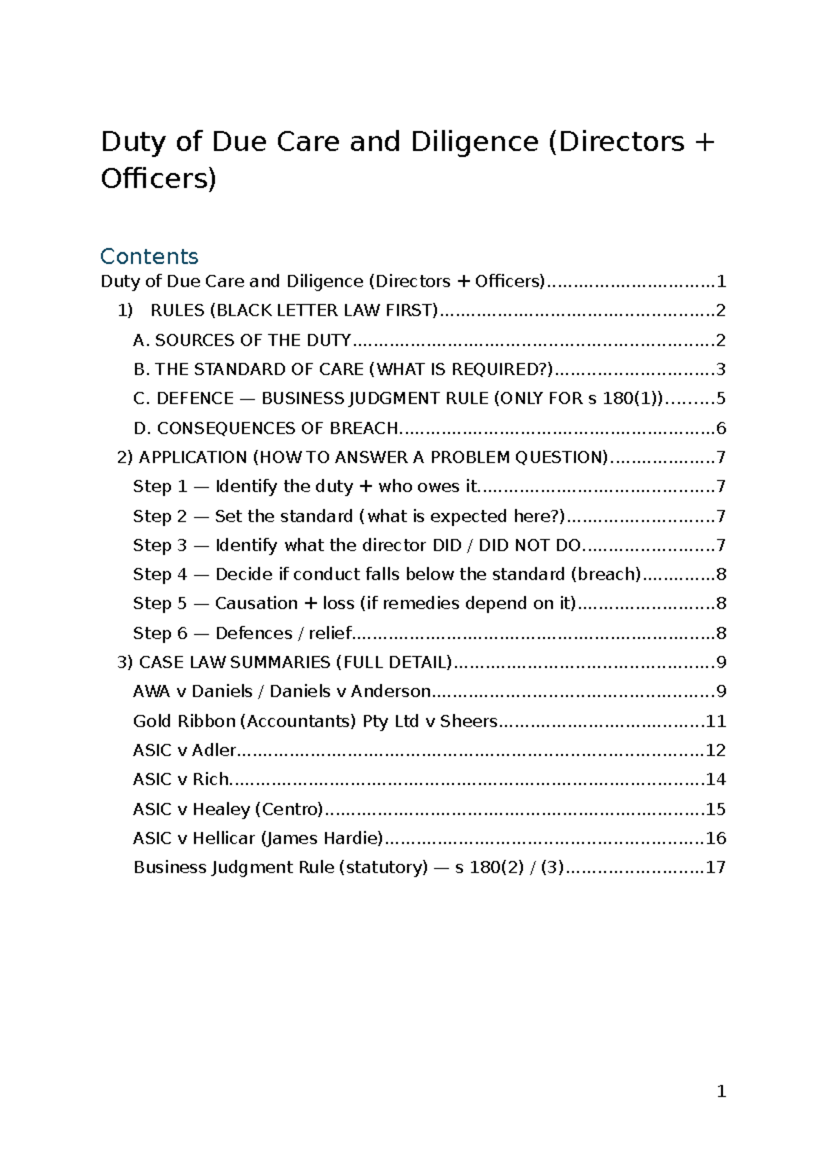 Duty of Due Care and Diligence for Directors & Officers (LAW 101) - Studocu