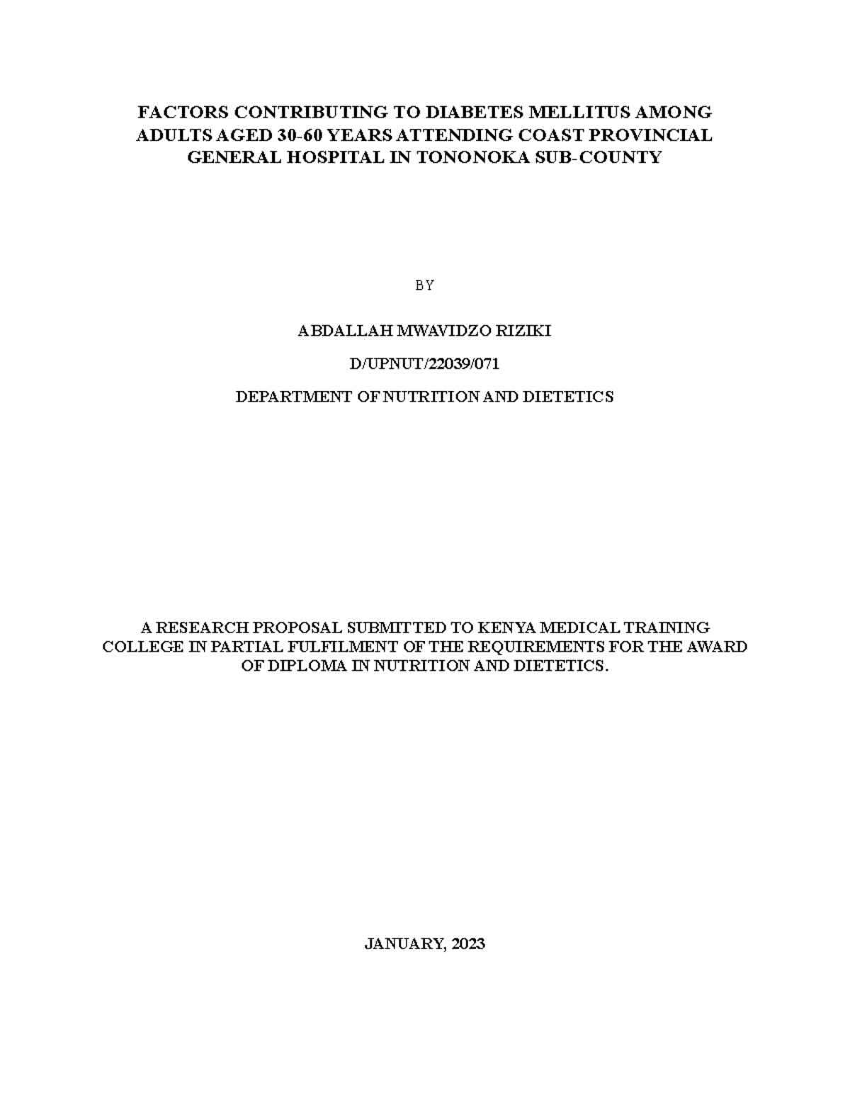Factors Contributing to Diabetes Mellitus Among Adults (D/UPNUT/22039 ...
