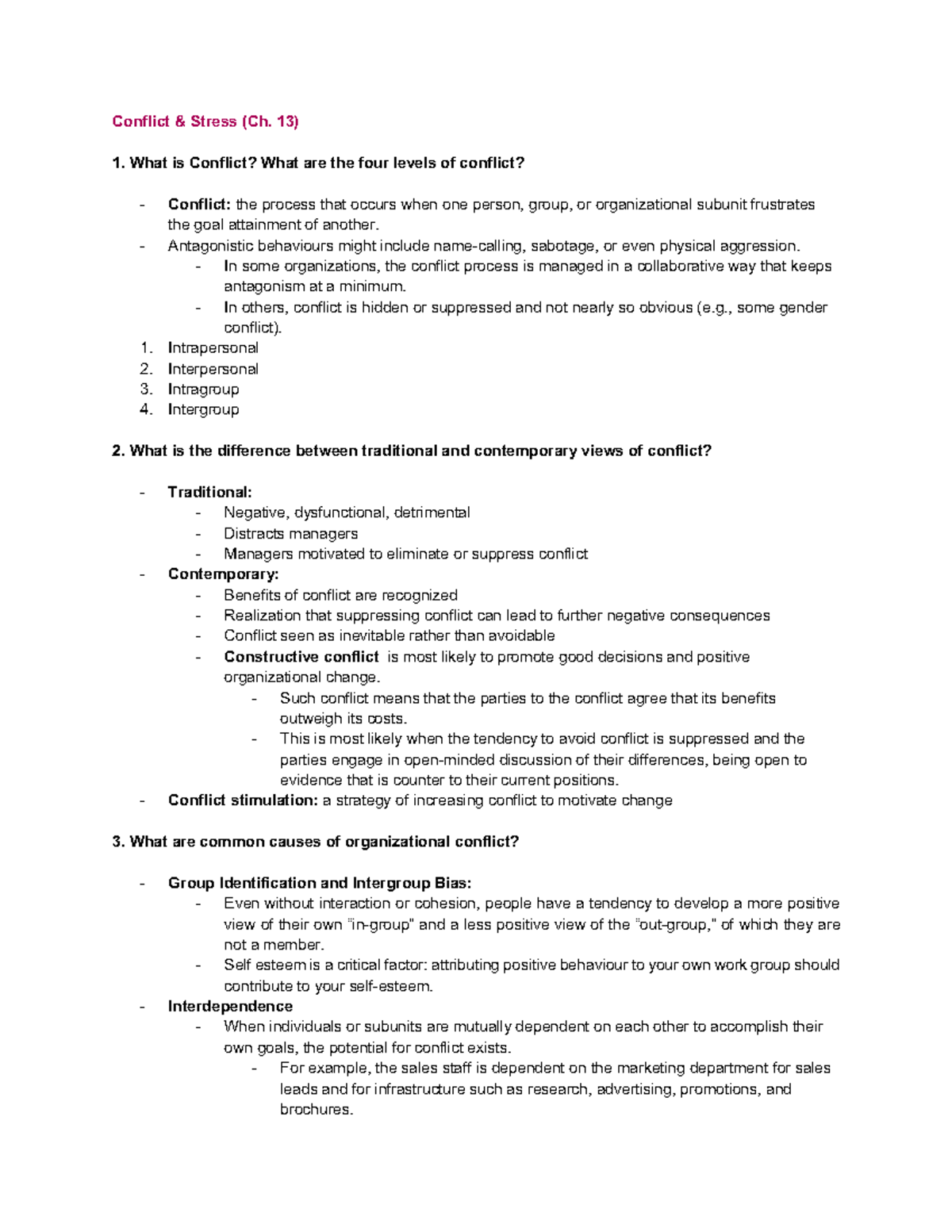 OB Final Exam - Conflict and Stress Study Notes - Studocu