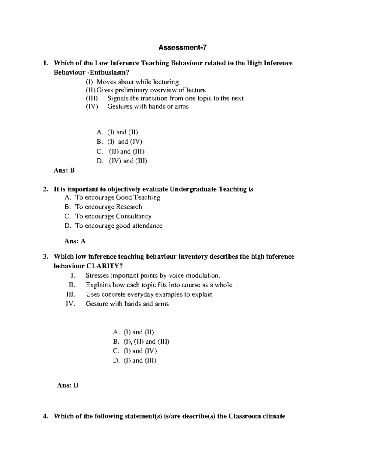 Assignment 7 Solutions: Low Inference Teaching Behaviors Analysis - Studocu